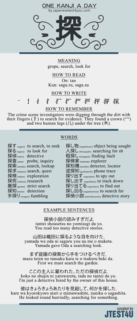 Educational infographic : 探 (tan). - Japan, Japanese words, vocabulary ...